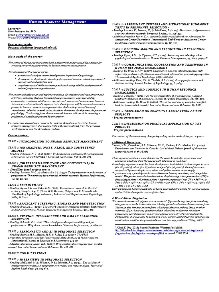 Human Resource Management Syllabus | PDF | Recruitment | Emotional ...