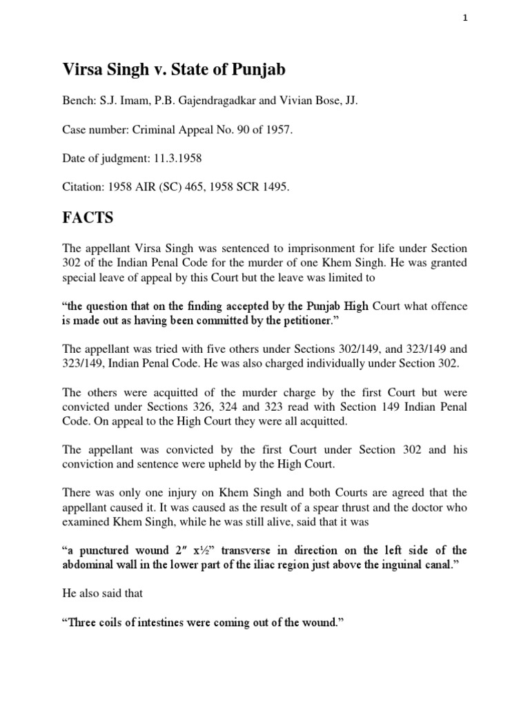 Virsa Singh v. State of Punjab | PDF | Murder | Crime & Violence