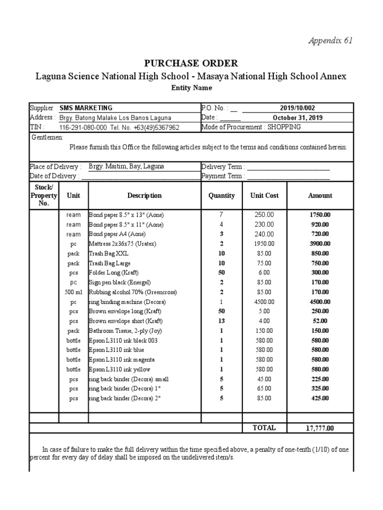 Purchase Order for Laguna Schools Supplies | PDF | Art Materials | Printing