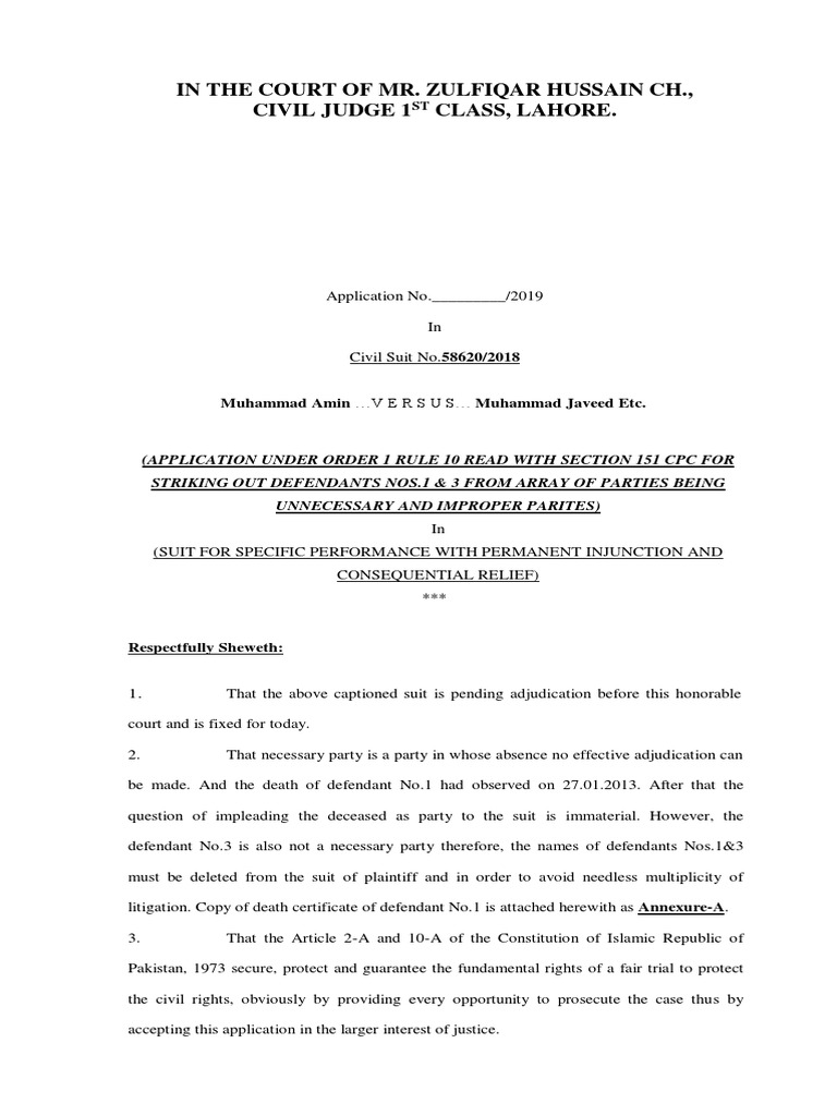 Application Under Order 1 Rule 10 Alongwith Affidavite in Case Titled ...