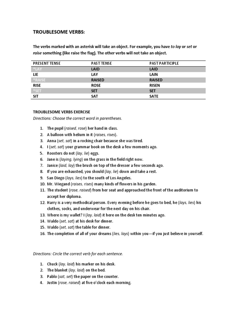 Troublesome Verbs Worksheet Guide | PDF | Grammar | Language Mechanics