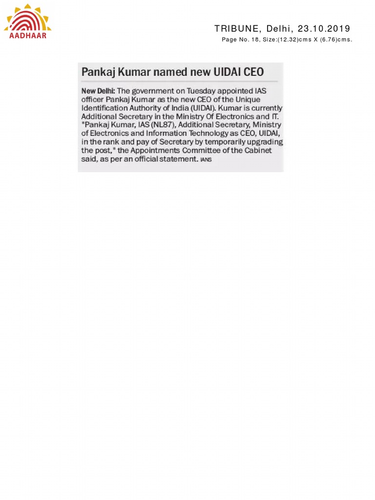 Pankaj Kumar Appointed New CEO of UIDAI Tribune PDF | PDF