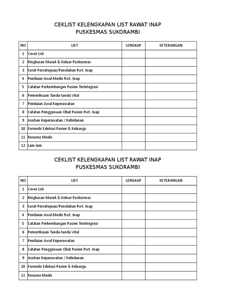 Ceklist List Rawat Inap | PDF