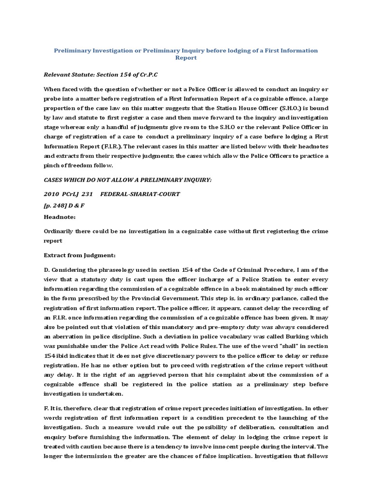 Relevant Statute: Section 154 of CR.P.C | Download Free PDF | Criminal ...