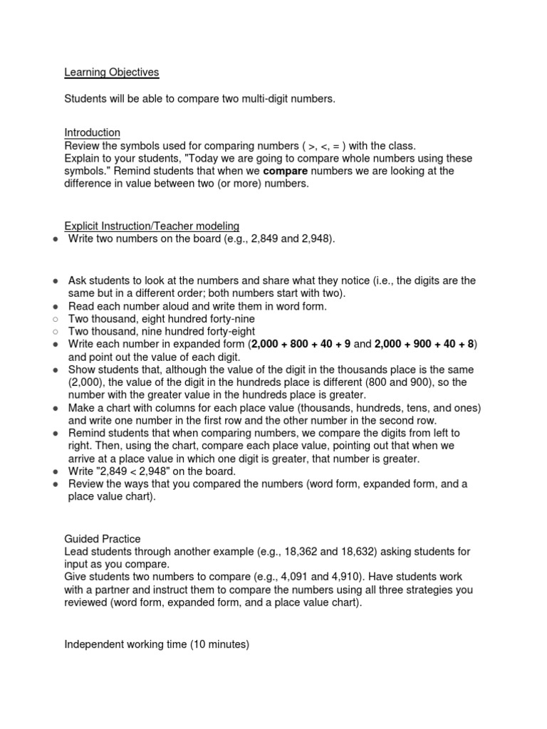 Comparing Ordering Lesson Plan | PDF | Lesson Plan | Teaching