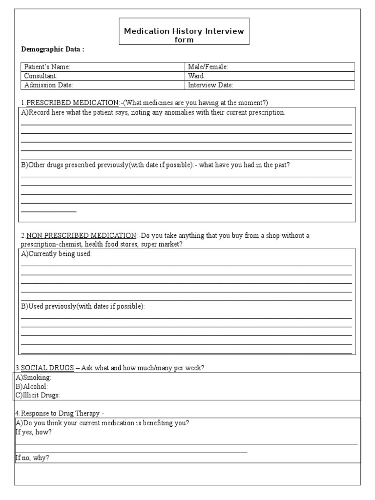 Medication History Interview Form Demographic Data | PDF | Medical ...