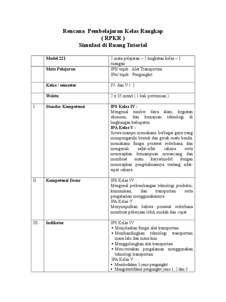 Rencana Pembelajaran Kelas Rangkap IPS IPA | PDF