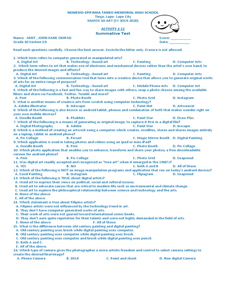 Digital Art Summative Test for Grade 10 | PDF | Digital Camera | Camera