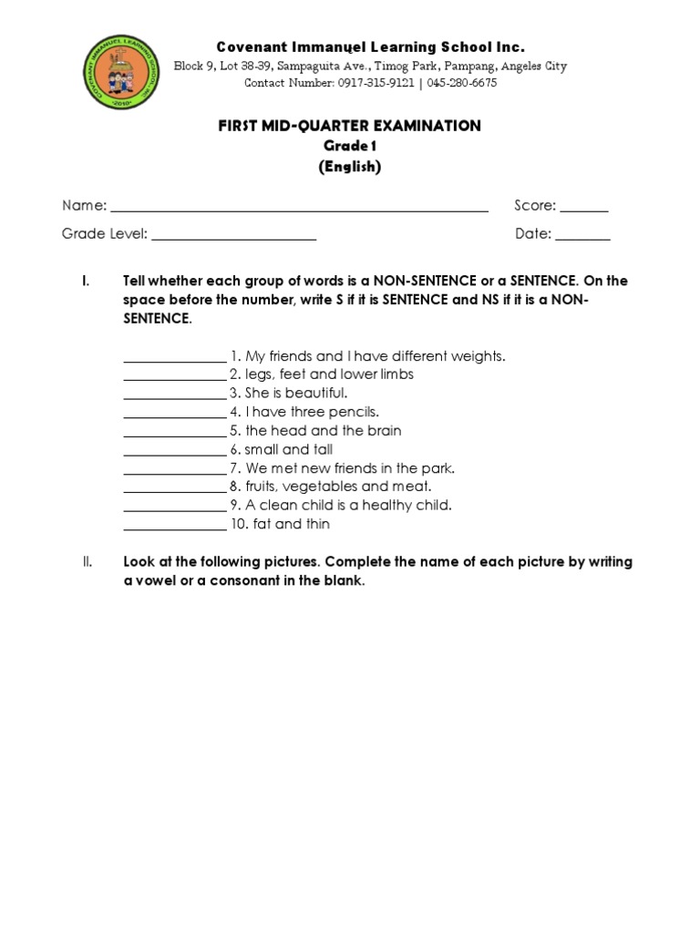 First Mid-Quarter Examination Grade 1 (English) | PDF