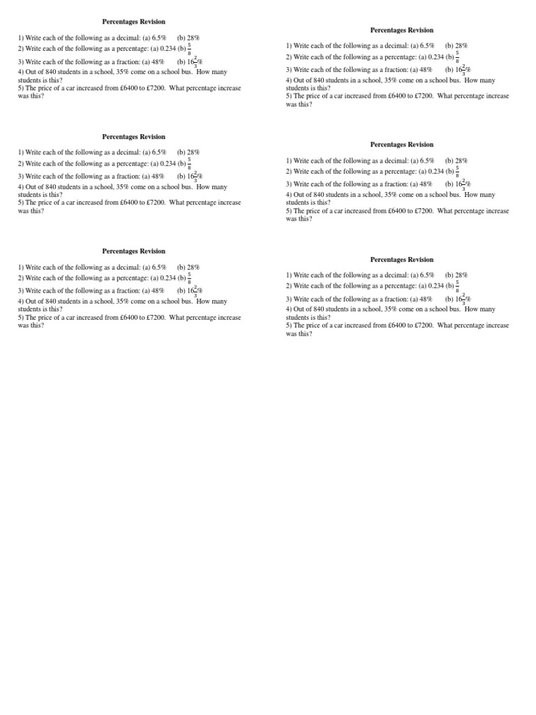 WS-Y8 Percentages Revision | PDF | Percentage | Fraction (Mathematics)