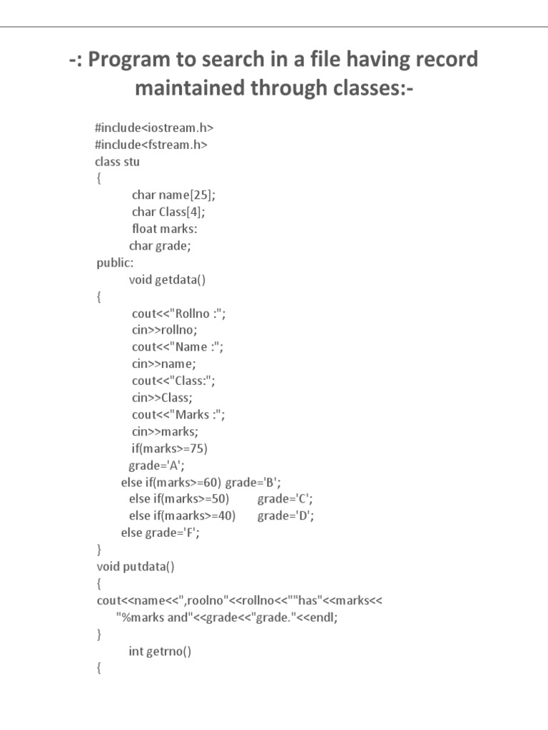 Program To Search in A File Having Record Maintained Through Classes | PDF | Programming ...