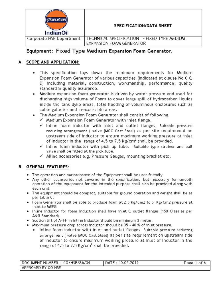 Medium Expansion Foam Generator Specs | PDF | Specification (Technical ...