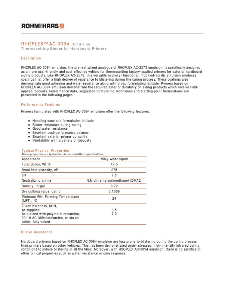 Rhoplex Ac 3094 Emulsion Thermosetting Binder For Performed On Rhoplex ...