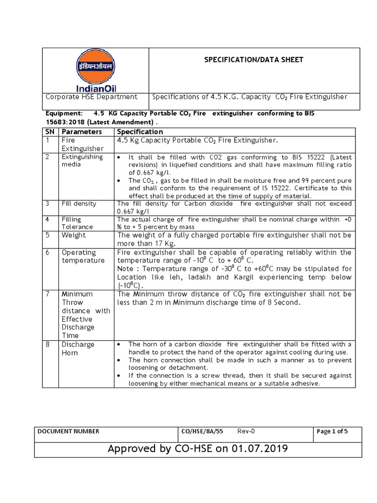 Specifications of 4.5 K.G. Capacity CO2 Fire Extinguisher | PDF ...