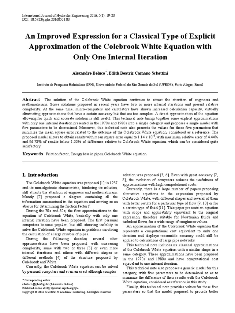 Colebrook White Equation | PDF | Approximation | Fluid Dynamics