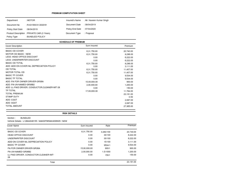 Premium Computation Sheet | PDF | Insurance | Financial Risk