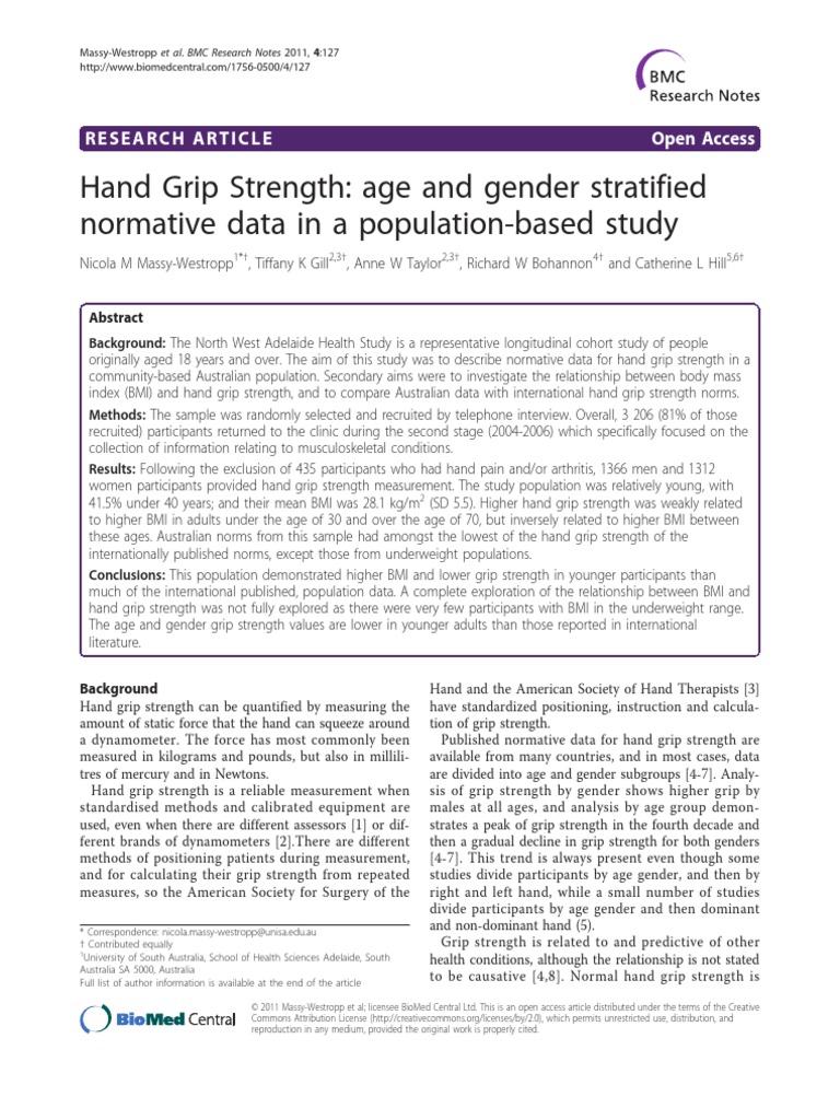 Hand Grip Strength Age and Gender Stratified Normative Data in A ...