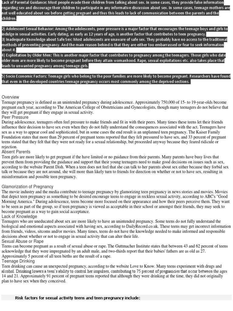 Risk Factors For Sexual Activity Teens and Teen Pregnancy Include | PDF ...