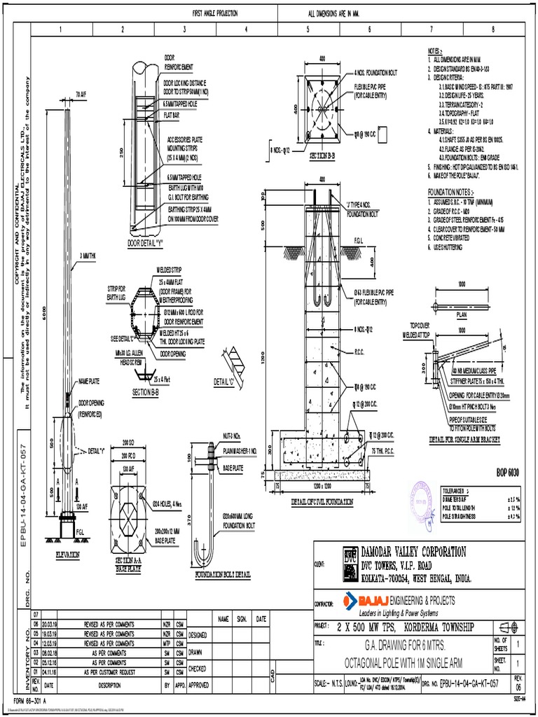 Foundation Notes:-: G.A. Drawing For 6 Mtrs. Octagonal Pole With 1M ...