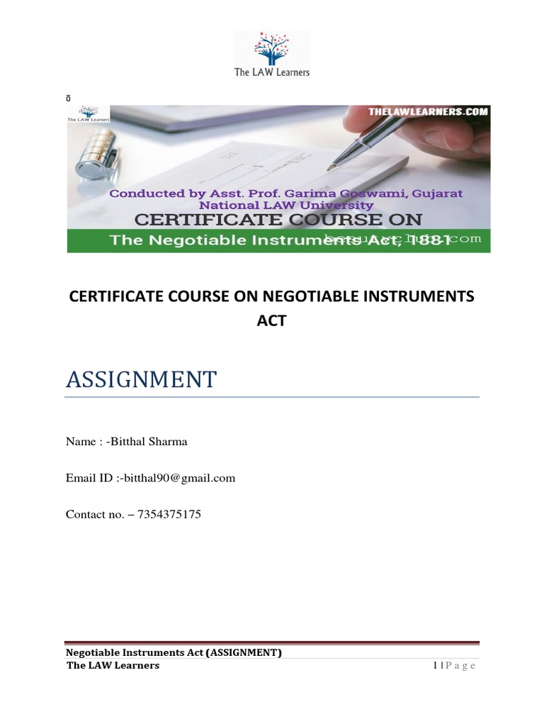 Assignment On Negotiable Instruments Act | PDF | Negotiable Instrument | Cheque