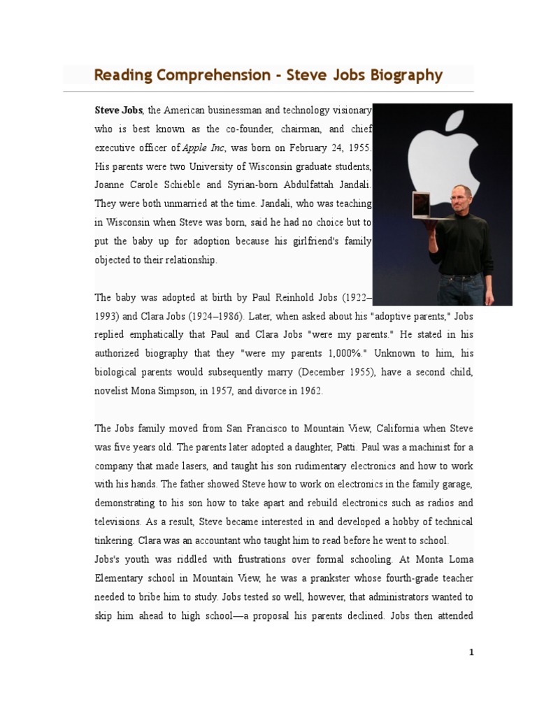 Reading Comprehension - Steve Jobs Biography: Steve Jobs, The American ...
