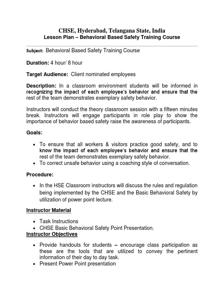 Behavioral Based Safety Training Course | PDF | Lecture | Lesson Plan
