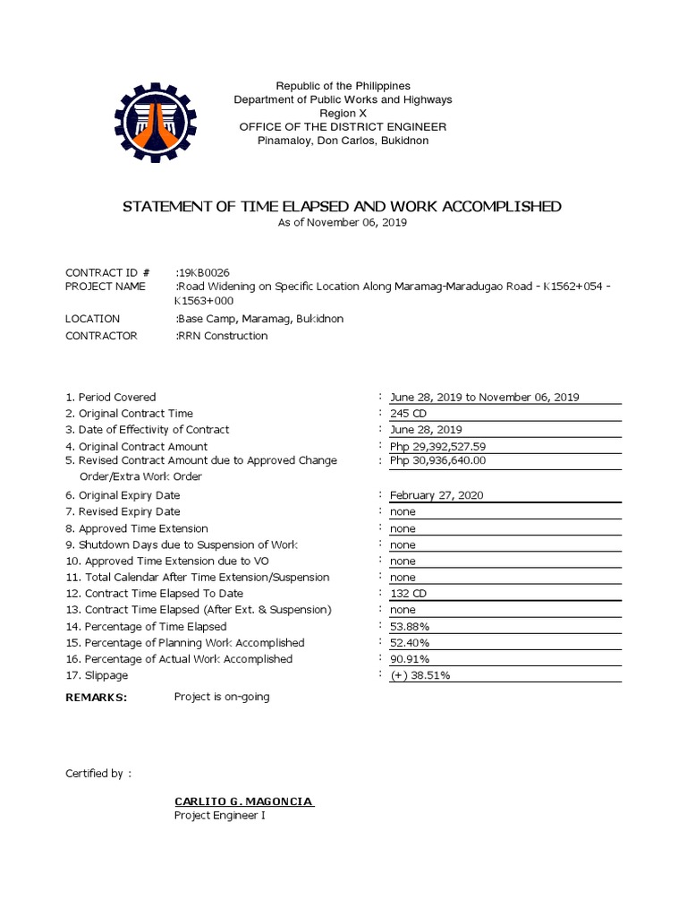 Statement of Time Elapsed and Work Accomplished: Remarks | PDF