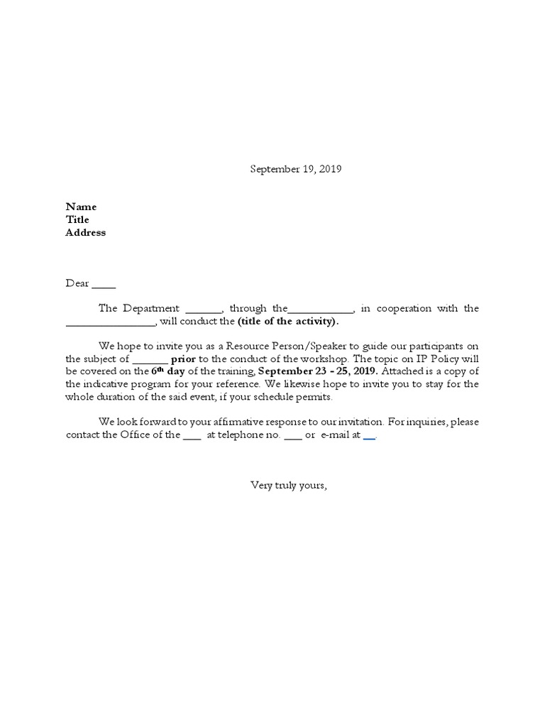 Letter of Invitation To A Resource Speaker | PDF