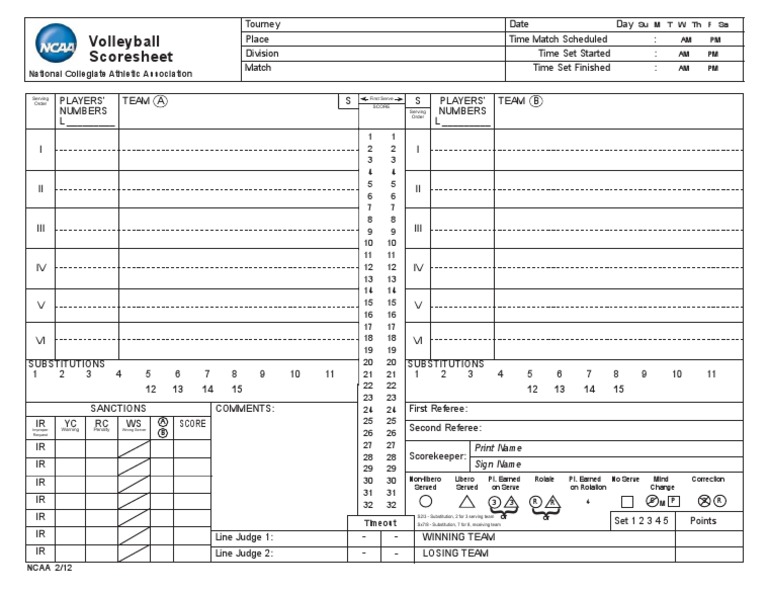 Volleyball Score Sheet 1 | PDF | Games Of Physical Skill | Sports