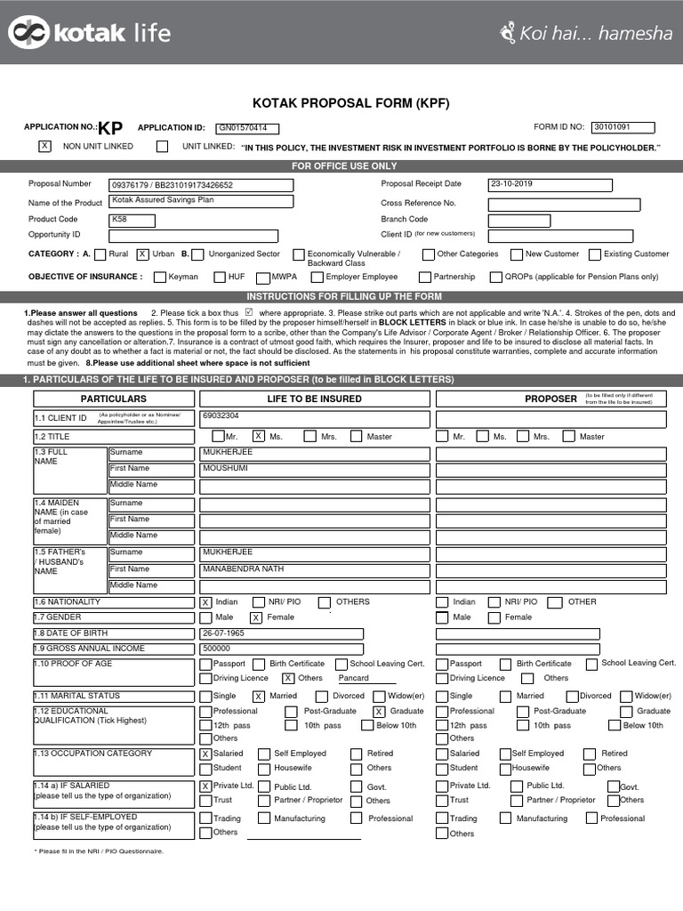 Kotak Proposal Form (KPF) : For Office Use Only | PDF | Cardiovascular ...