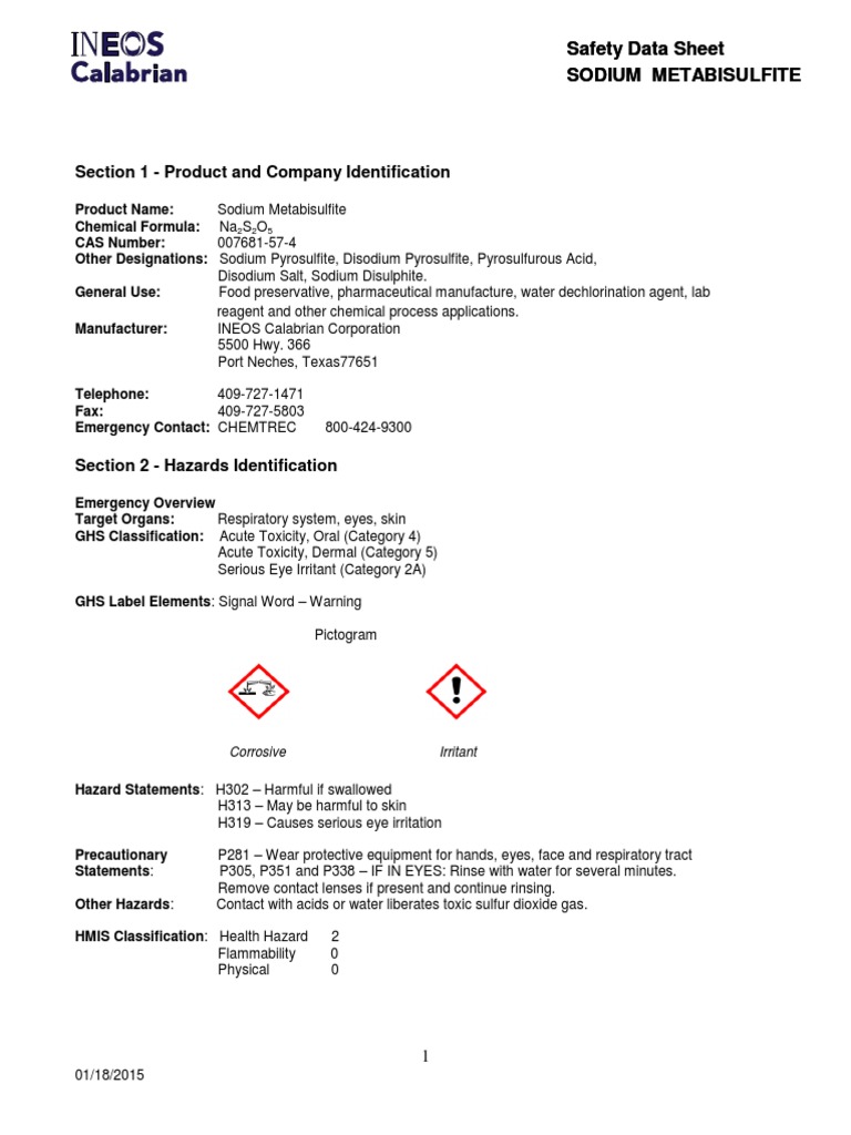 Meta 2016 Sds Rev3 | PDF | Sulfur Dioxide | Toxicity