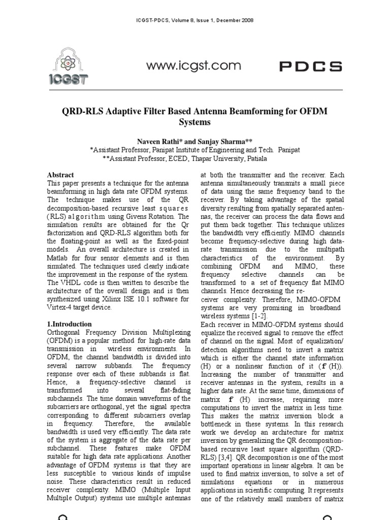 QRD-RLS Adaptive Filter Based Antenna Beam Forming For OFDM | PDF | Orthogonal Frequency ...