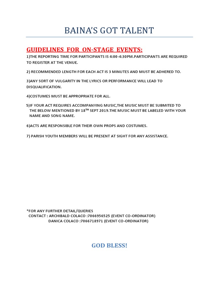 Baina'S Got Talent: Guidelines For On-Stage Events | PDF