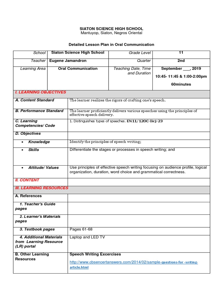 Principles of Speech Writing Lesson Plan | PDF | Idea | Learning