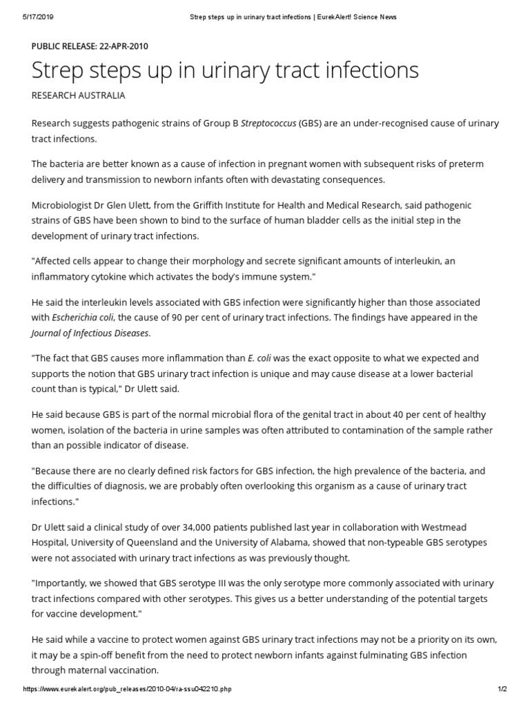 Strep Steps Up in Urinary Tract Infections - EurekAlert! Science News ...