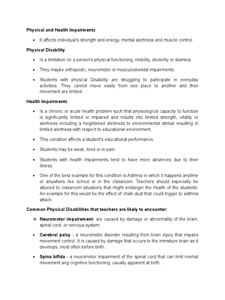 Physical and Health Impairments | PDF | Disability | Classroom