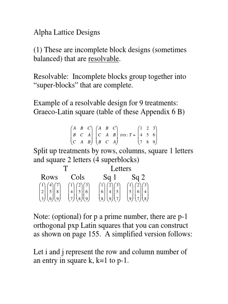 Alpha Lattice Design Resolvable Block Design | PDF | Permutation ...