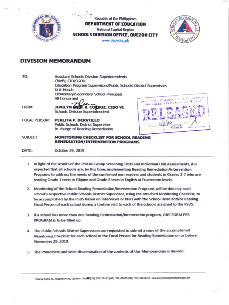 Monitoring Checklist For School Reading Remediation Intervention ...