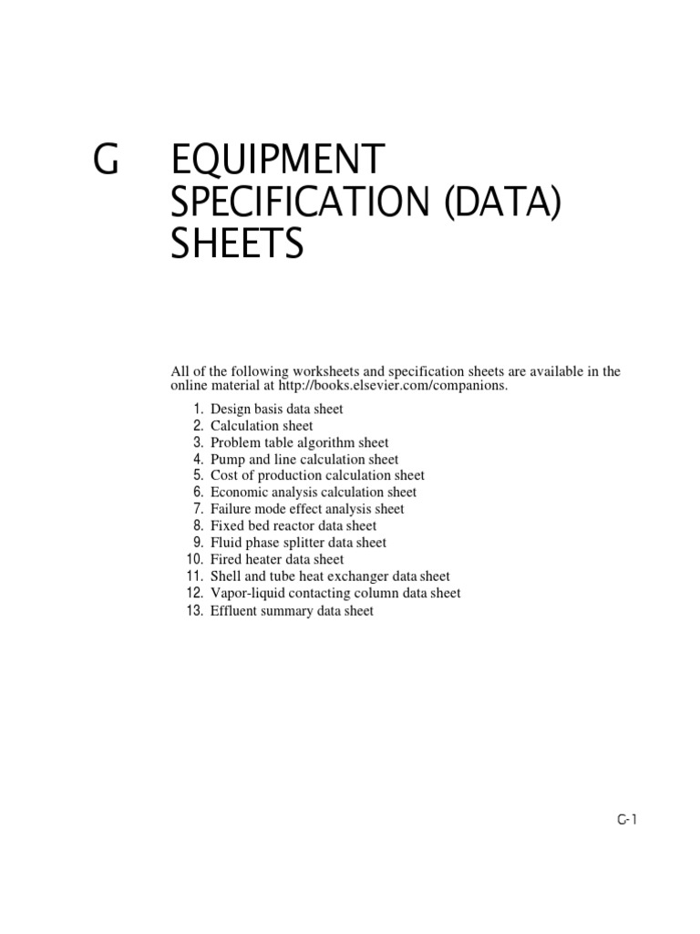 G Equipment Specification (Data) Sheets | PDF | Technology & Engineering