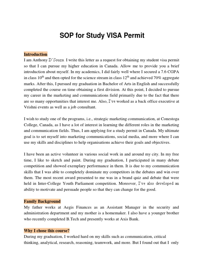SOP For Study VISA Permit: TH TH | PDF | Marketing Strategy | Marketing