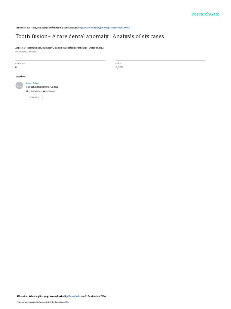 Tooth Fusion-A Rare Dental Anomaly: Analysis of Six Cases | PDF | Human ...