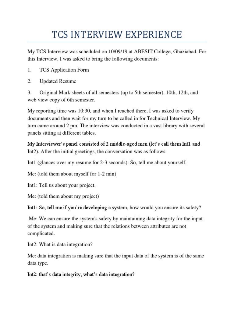 Tcs Interview Experience | PDF | Areas Of Computer Science | Computing