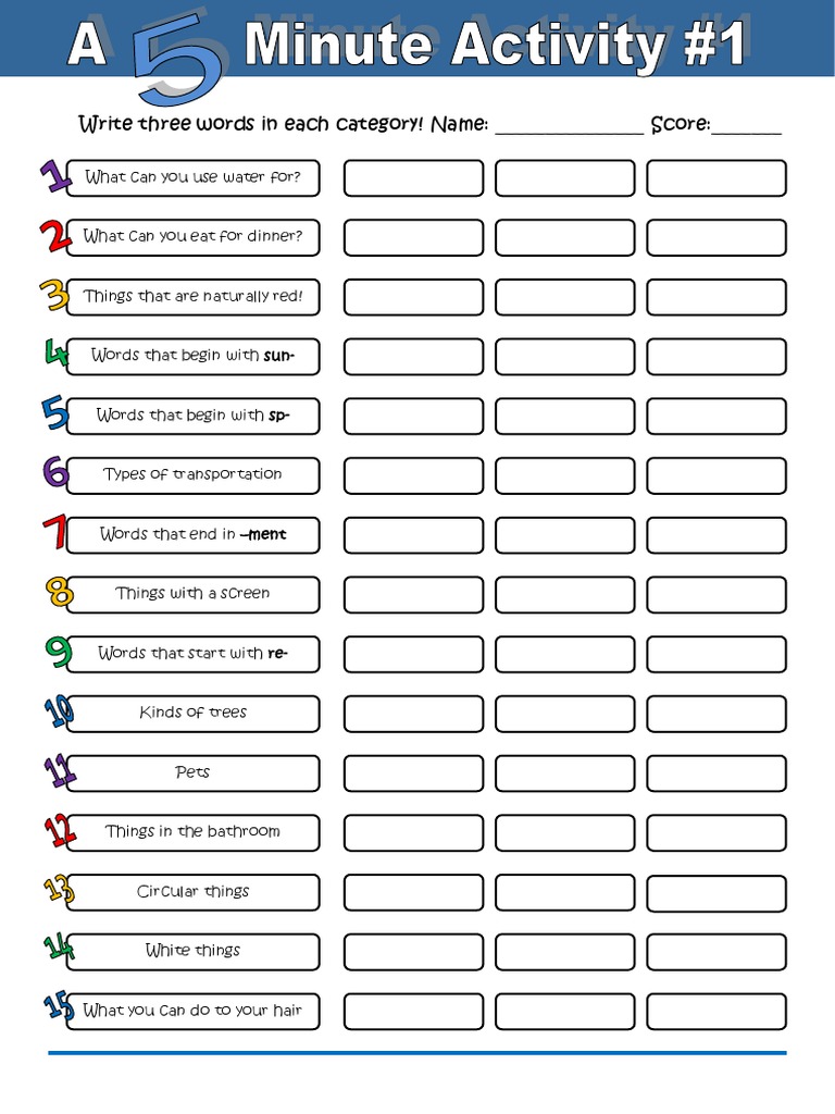 Write Three Words in Each Category! Name: - Score | PDF | Wellness
