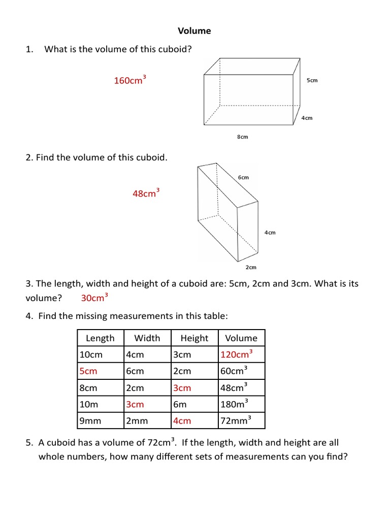 Volume Cuboids Answers PDF | PDF | Geometry | Geometric Measurement