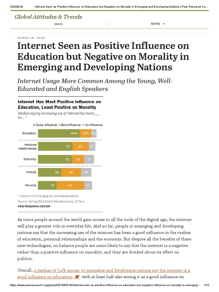 Internet Seen As Positive Influence On Education But Negative On ...