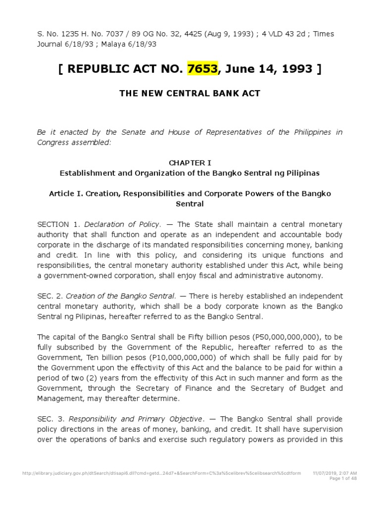Republic Act No 7653 June 14 1993 | PDF | Liquidation | Conservatorship