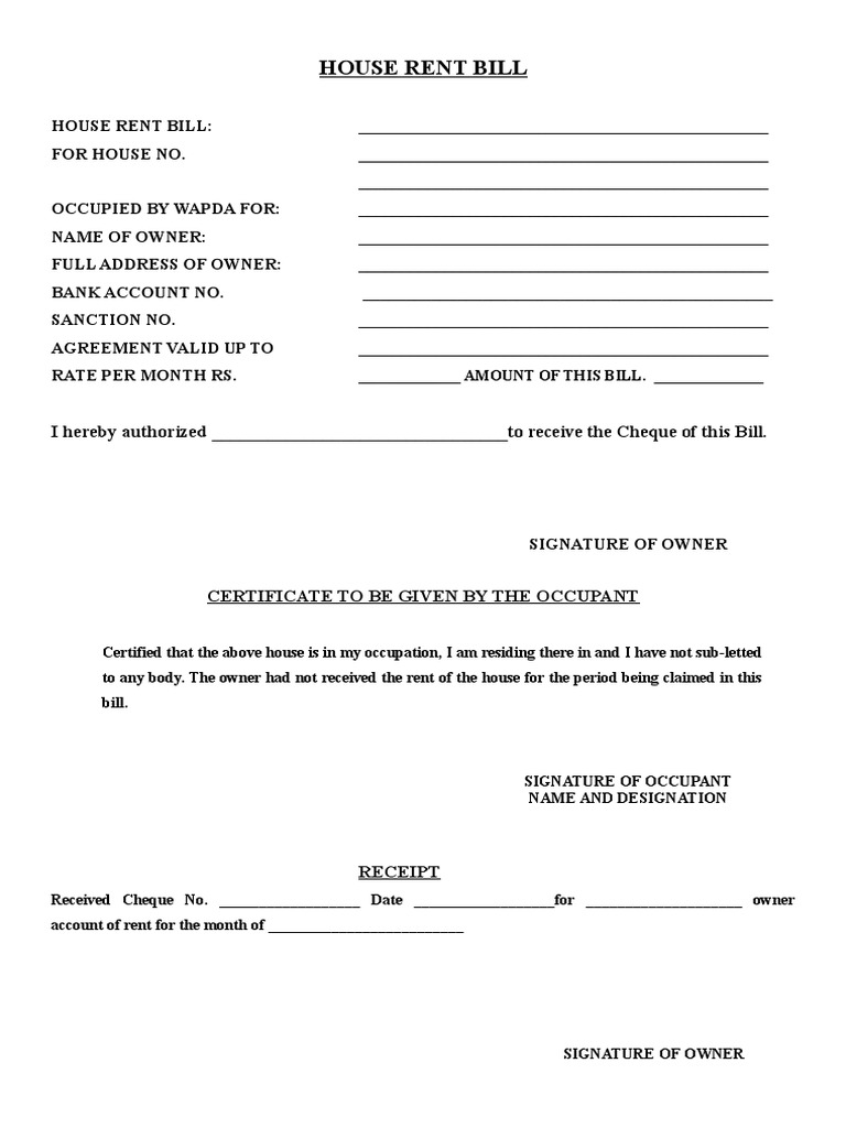 House Rent Bill: I Hereby Authorized - To Receive The Cheque of This ...