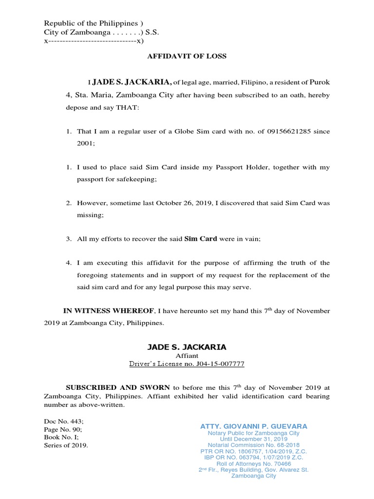 Sample Affidavit of Loss-Sim Card | PDF
