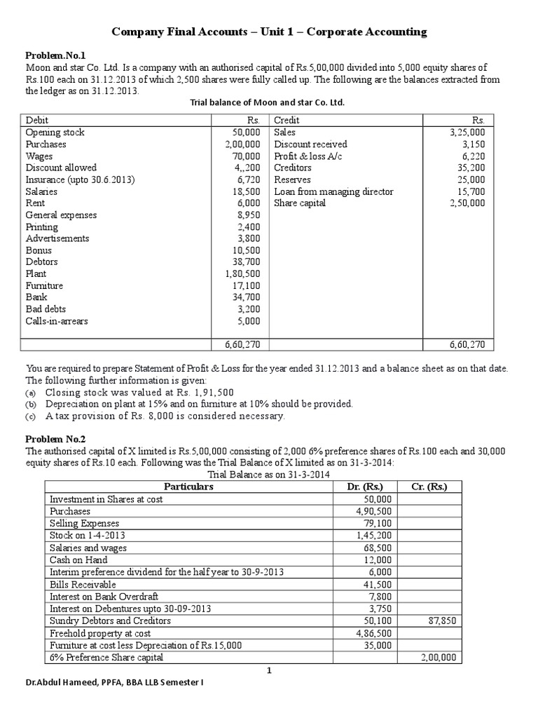 Company Final Accounts - Problems | PDF | Debits And Credits | Dividend