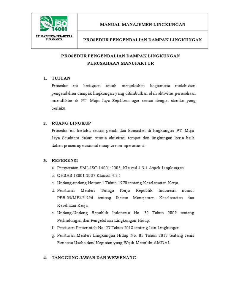 Prosedur Pengendalian Lingkungan Perusahaan Manufaktur | PDF